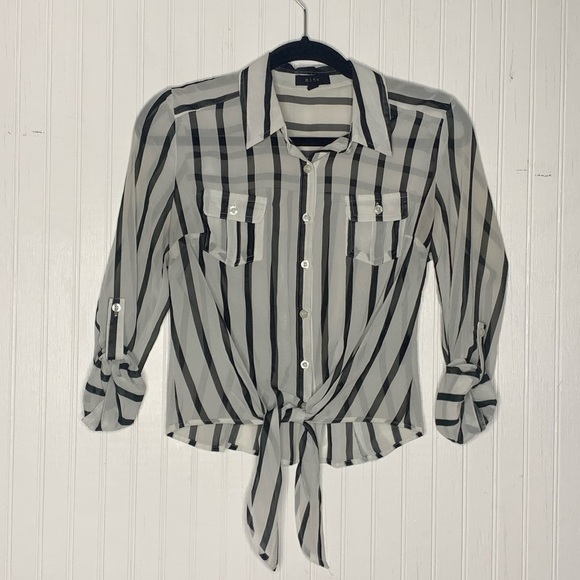 mine | Tops | Sheer Black White Striped Button Down Crop | Poshmark